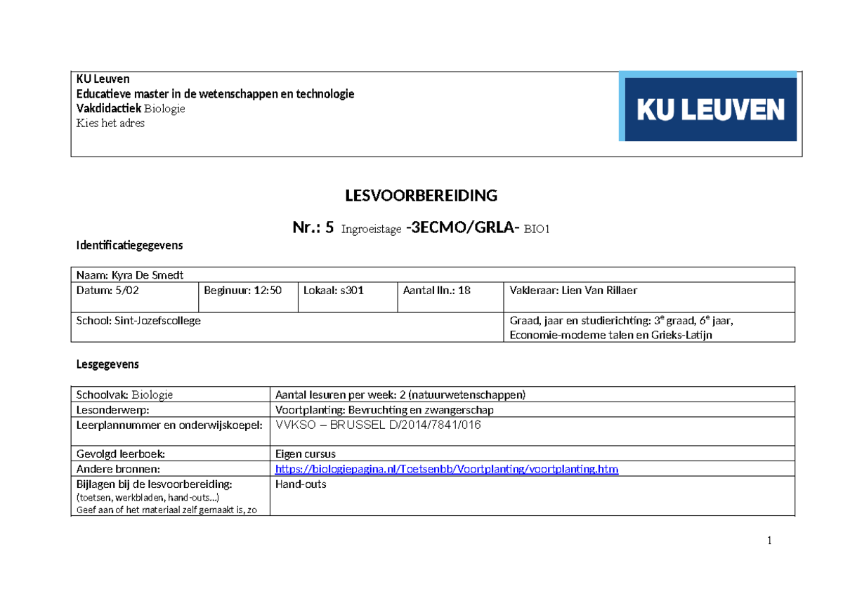 lesvoorbereiding 6ECMO/GRLA Voortplanting: bevruchting en zwangerschap ...