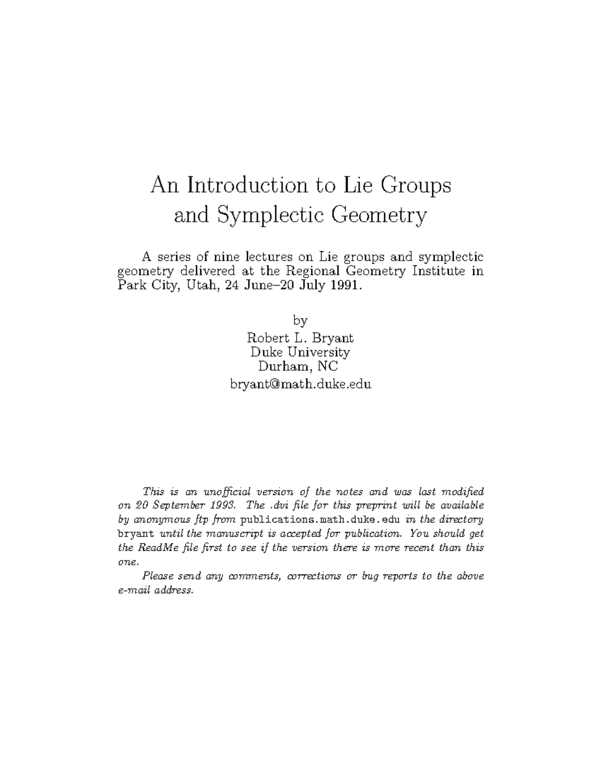 Bryant R L Introduction to Lie groups and Symplectic Geometry - An Introduction to Lie Groups ...