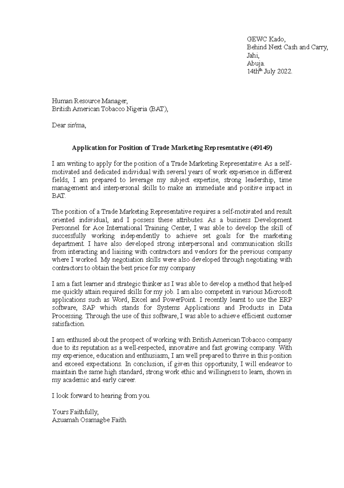Cover Letter for Trade Marketing Representative at BAT - Human Resource ...