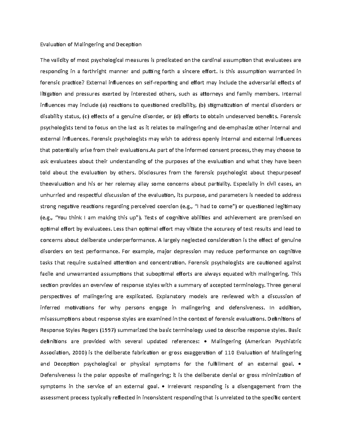 Evaluation of Malingering and Deception - Is this assumption warranted ...