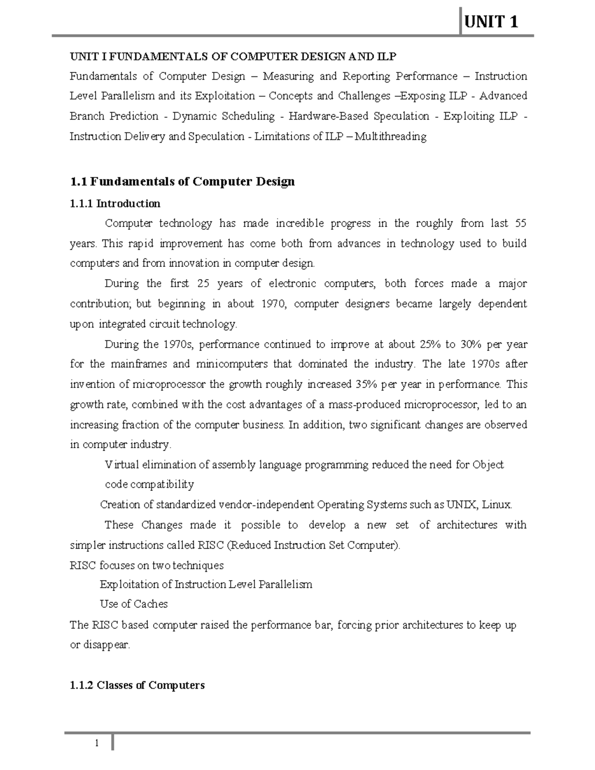 UNIT I Fundamentals OF Computer Design AND ILP - UNIT 1 1 UNIT I FUNDAMENTALS OF COMPUTER DESIGN ...