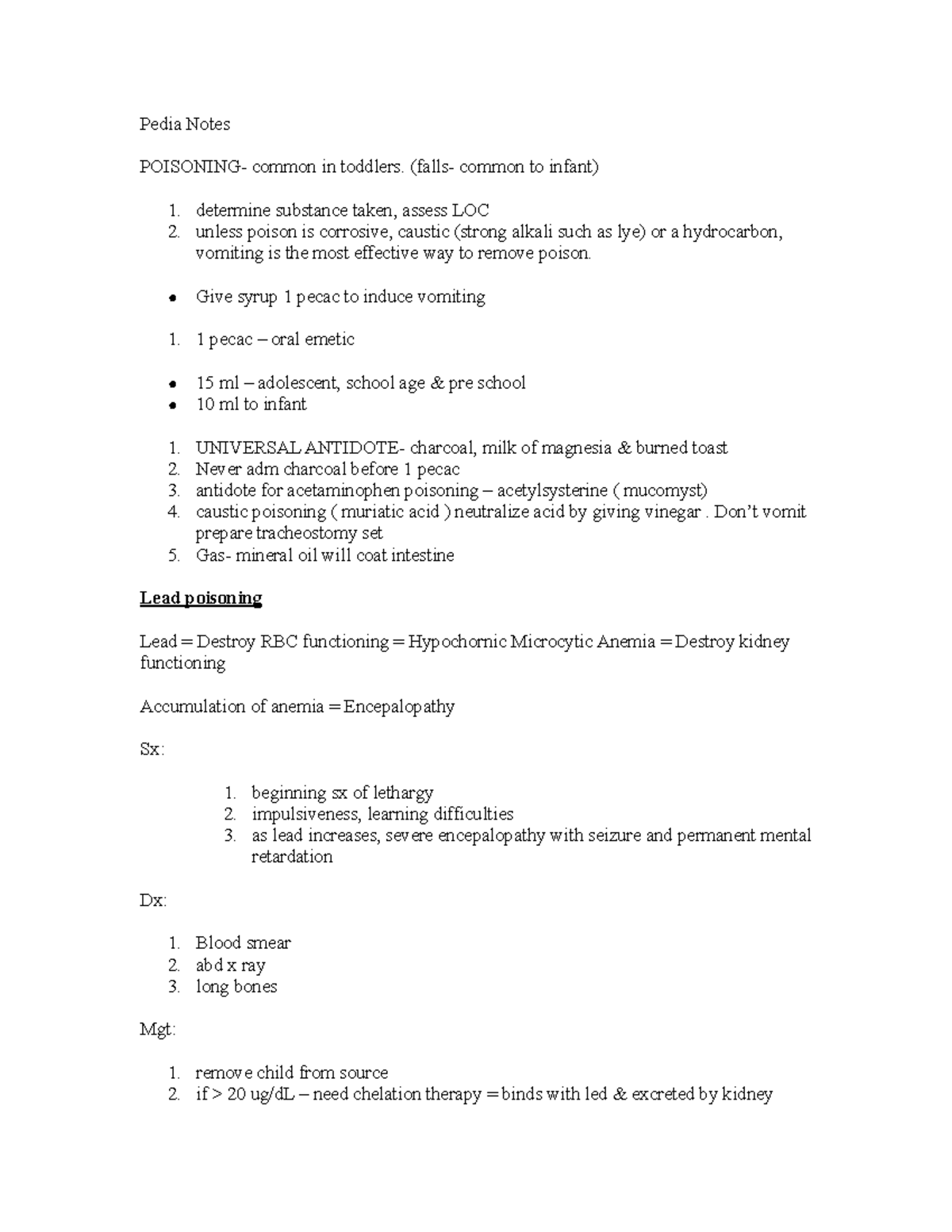 Pediatric lecture notes - Pedia Notes POISONING- common in toddlers ...