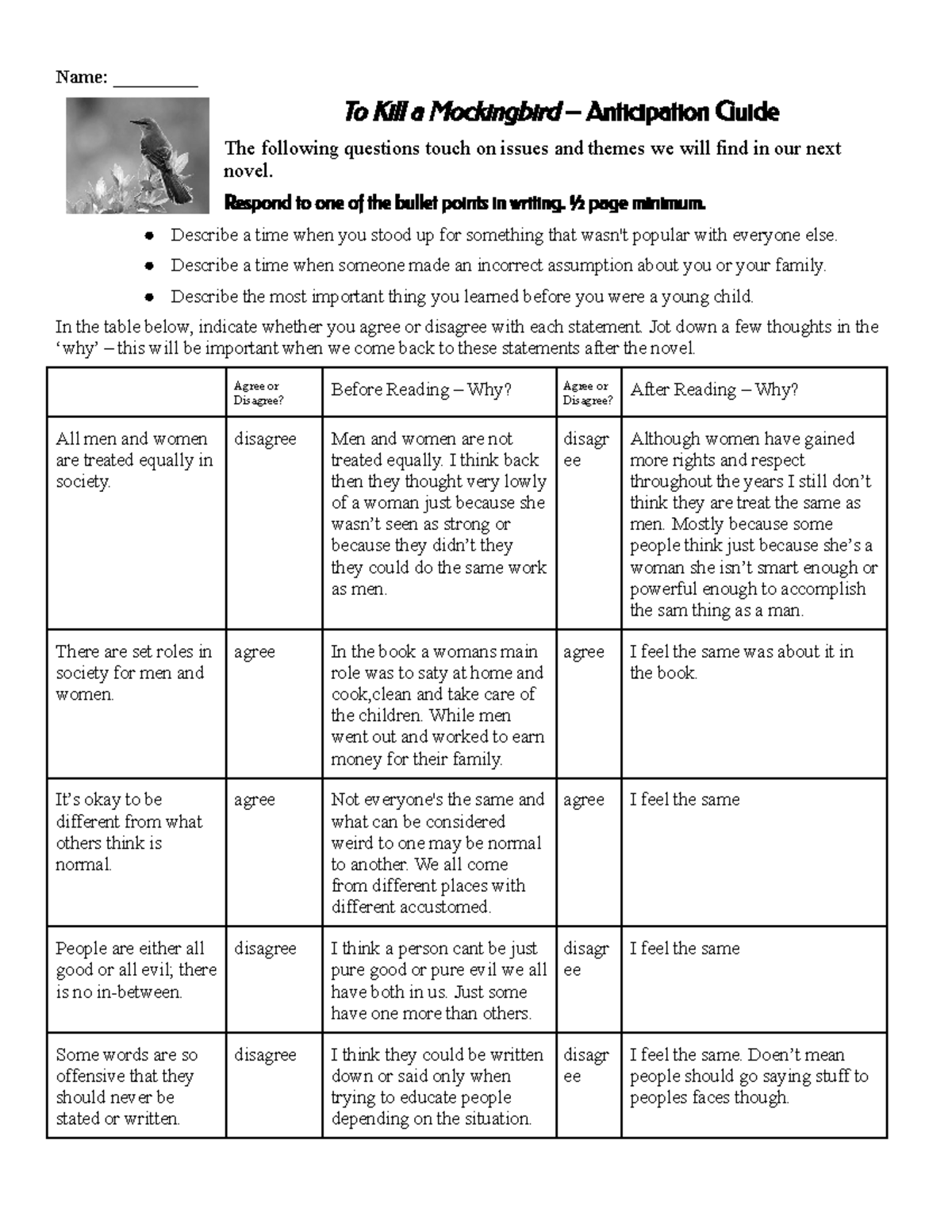 Anticipation Guide and Response Questions TKAM - Name: _________ To ...