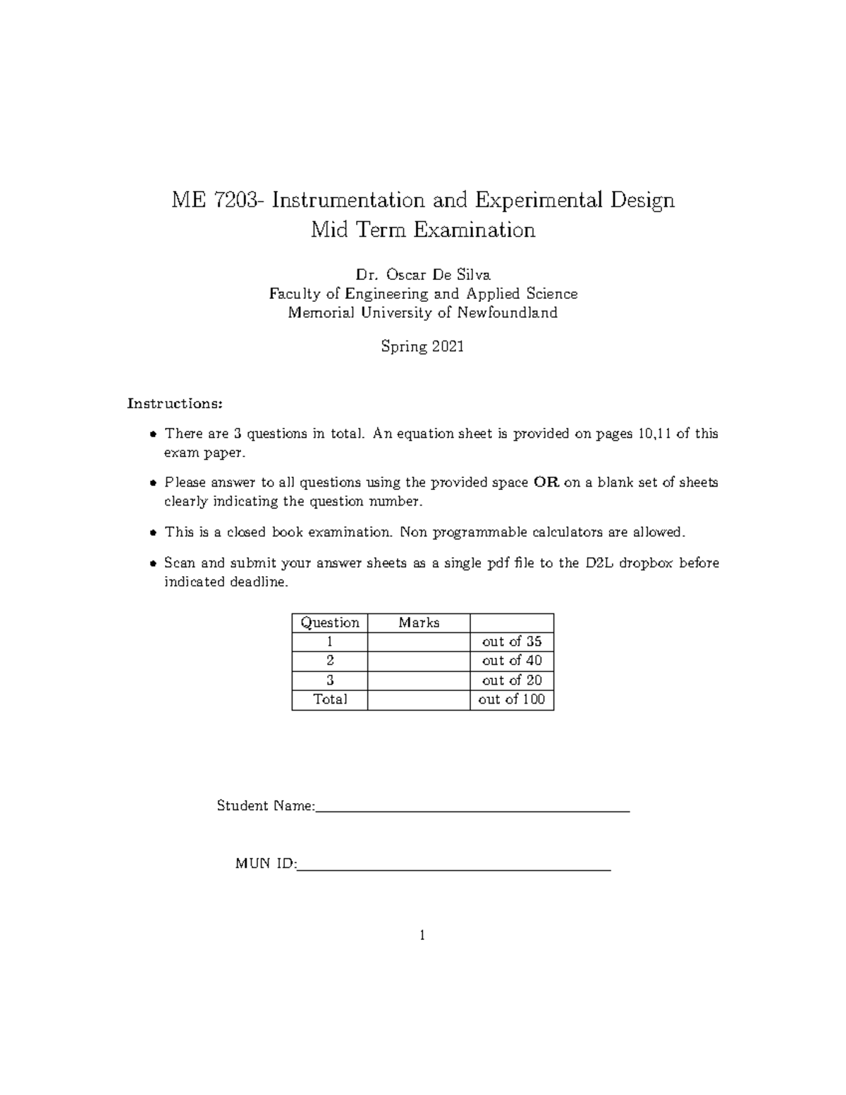 Midterm 2021 - ME 7203- Instrumentation and Experimental Design Mid ...
