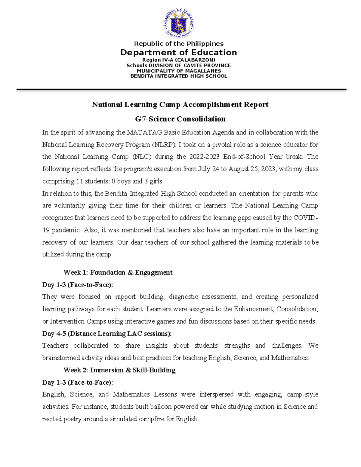 Report in NLC G7 Science - National Learning Camp Accomplishment Report ...