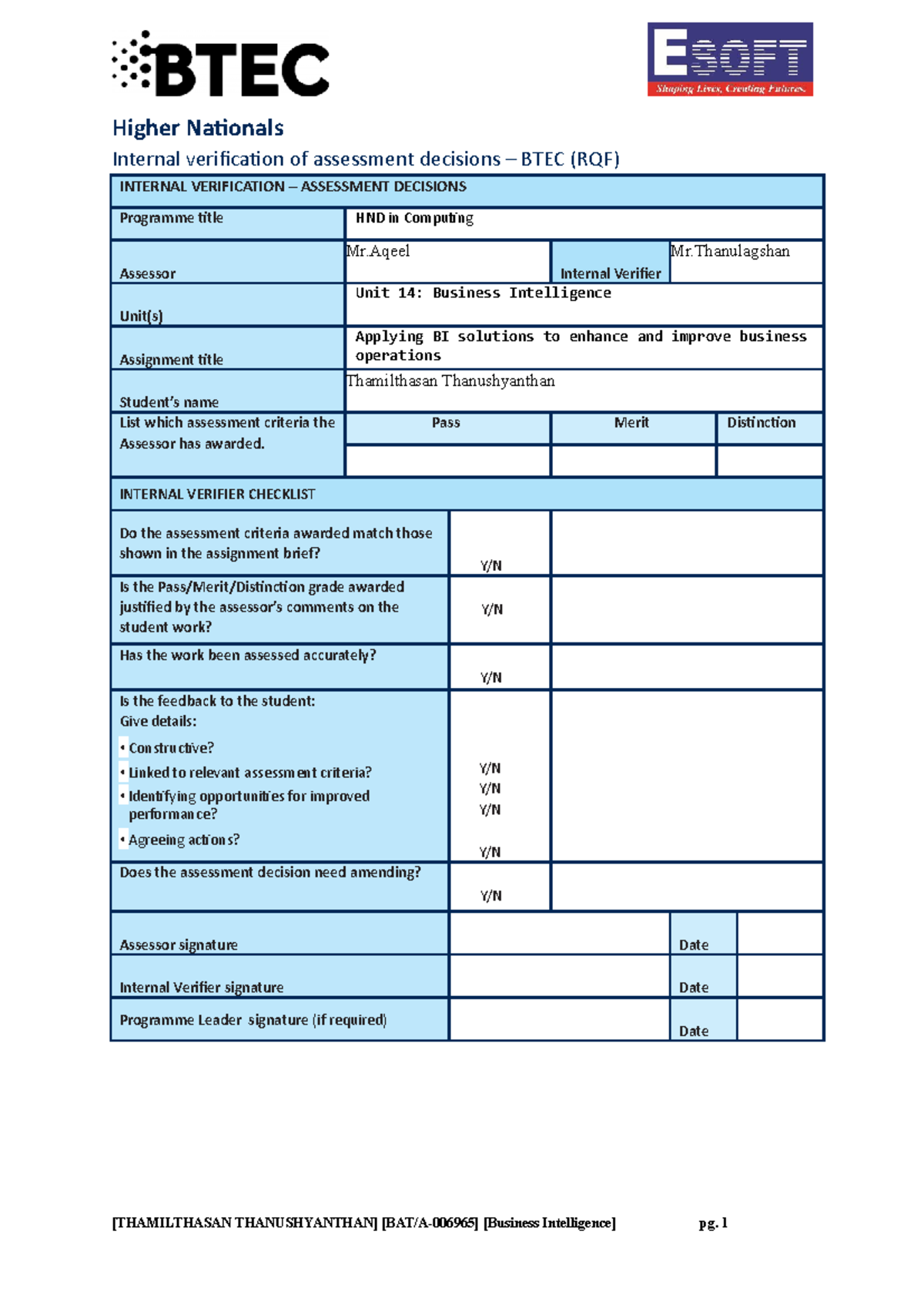 Business Inteligent Thanu - Higher Nationals Internal verification of ...