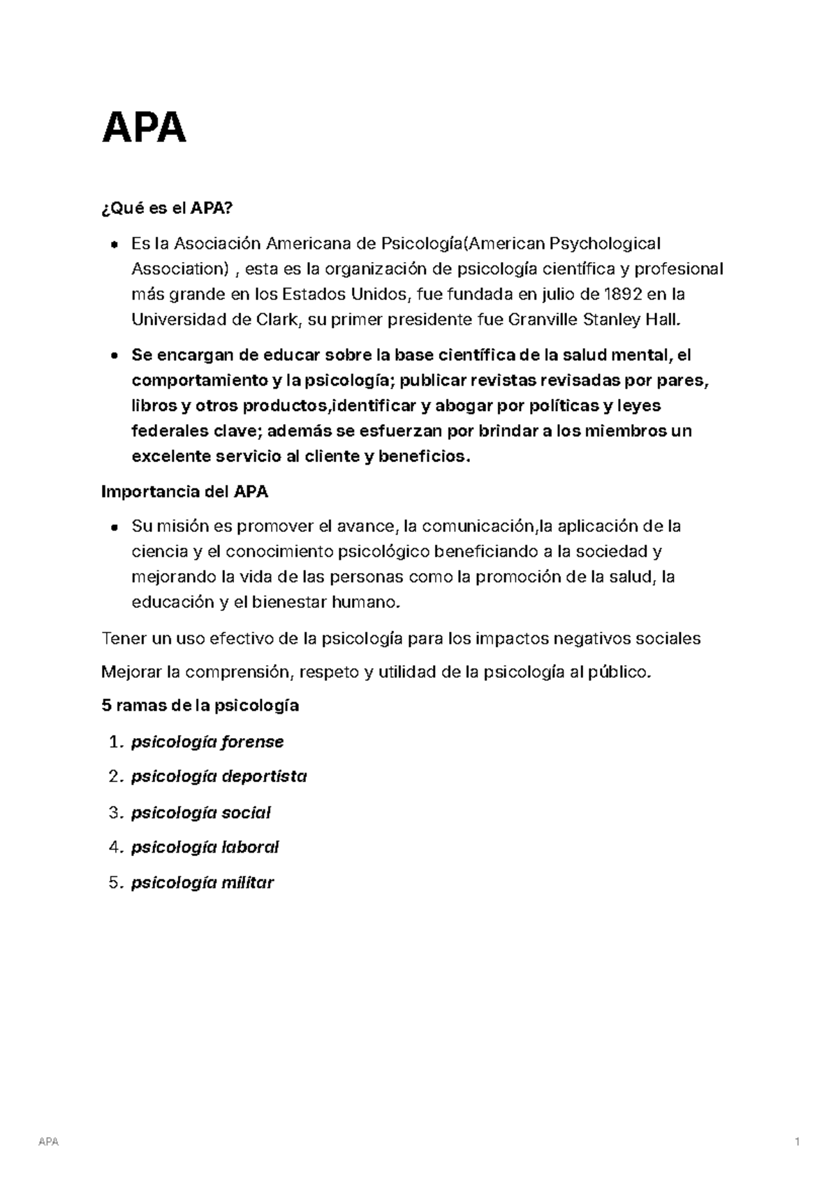 APA APUNTE INTRODUCCIÓN PSICOLOGIA - APA 1 APA ¿Qué es el APA? Es la ...