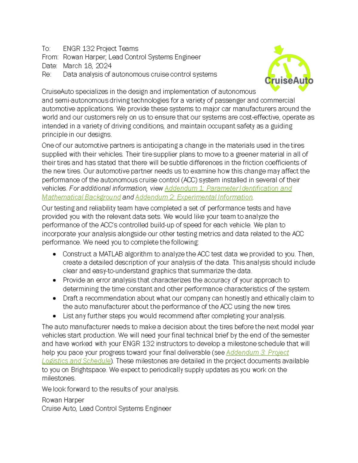 Client Memo and Addenda - To: ENGR 132 Project Teams From: Rowan Harper ...