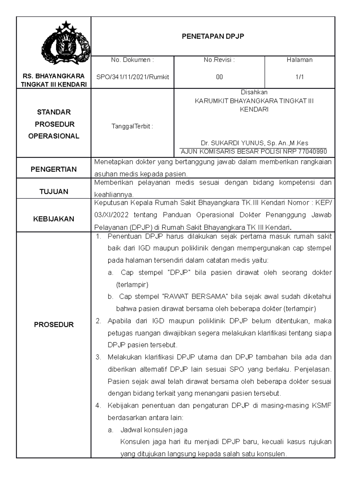 SOP Penetapan DPJP BARU - RS. BHAYANGKARA TINGKAT III KENDARI PENETAPAN ...