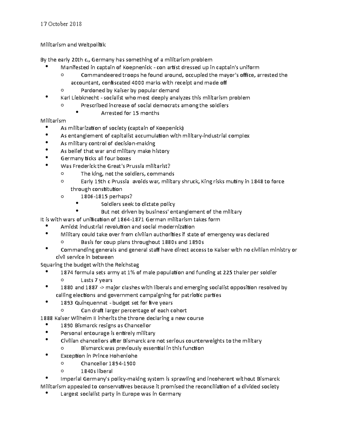 Lecture 12 - Militarism and Weltpolitik - 17 October 2018 Militarism ...