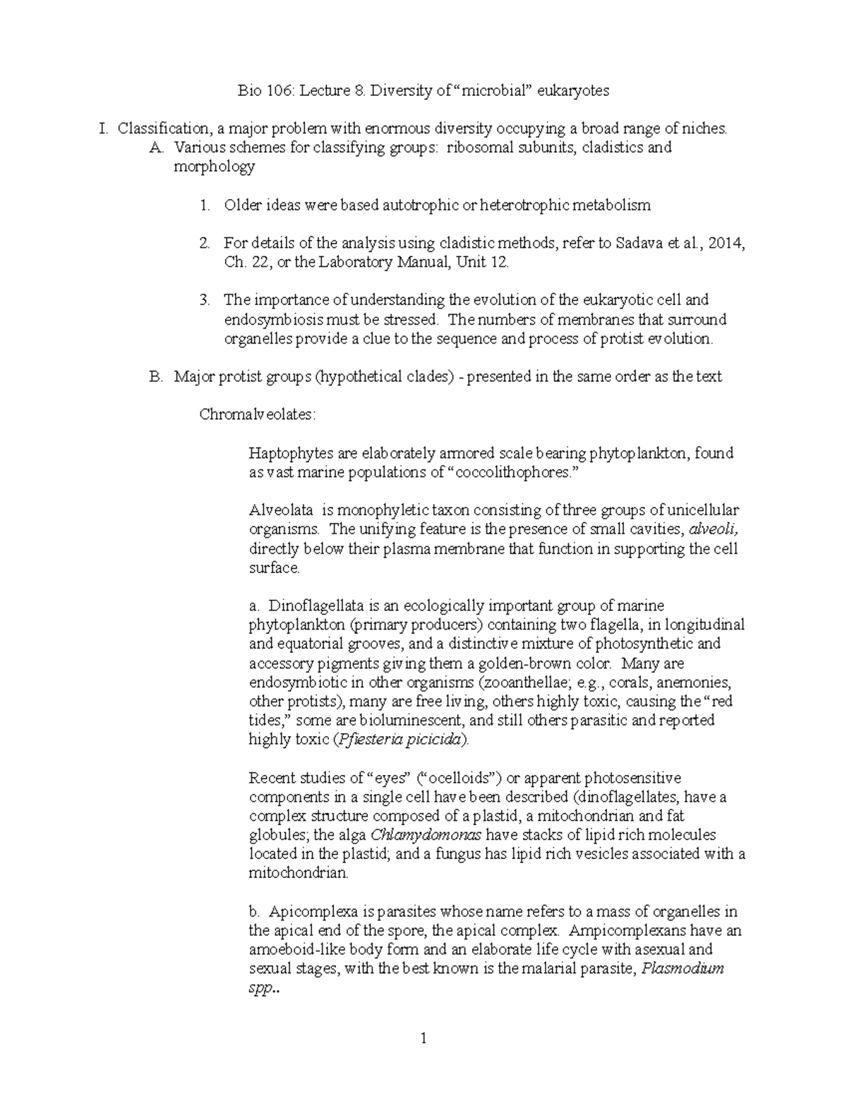 Lecture 08, Outline - notes - Bio 106: Lecture 8. Diversity of ...