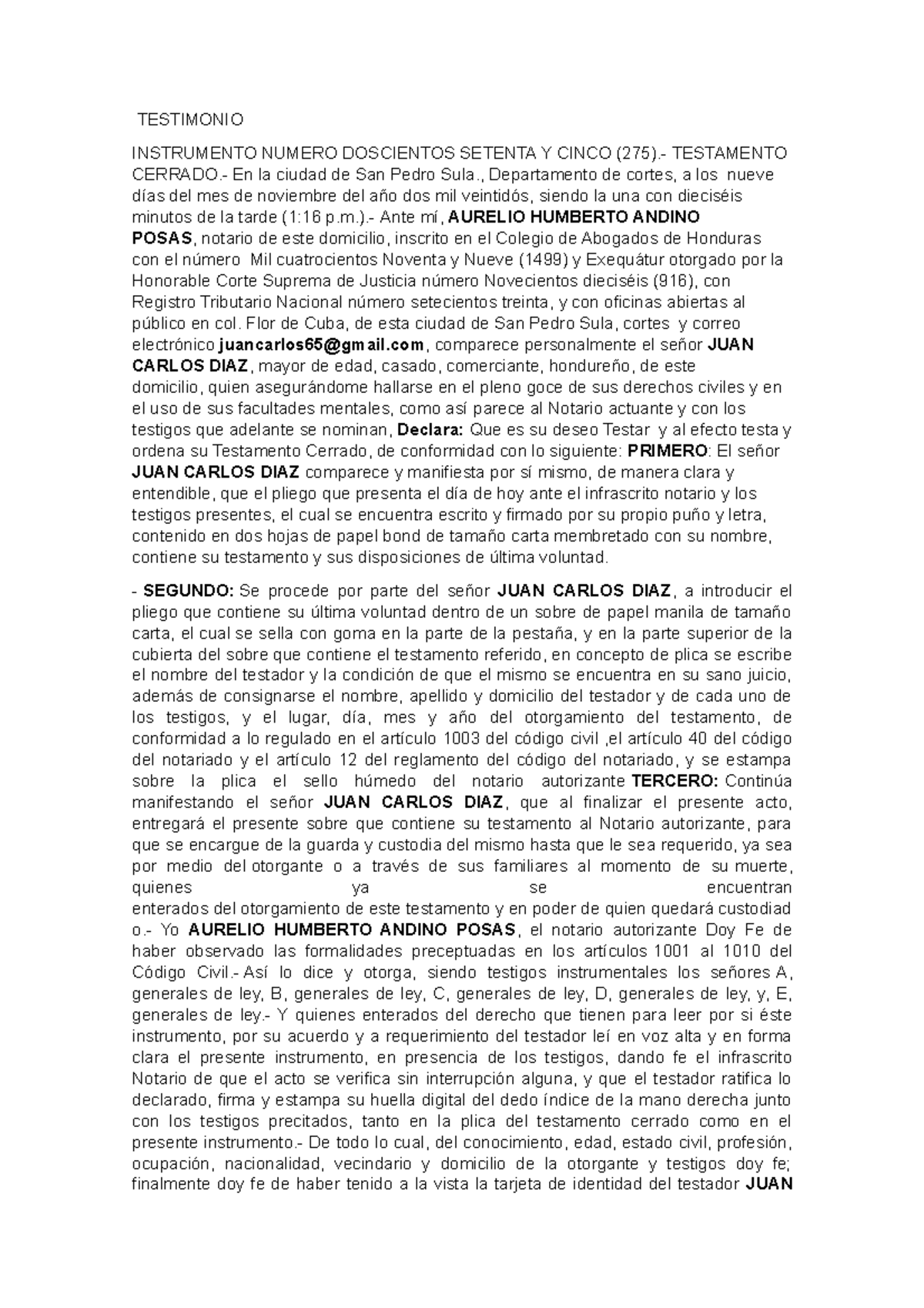 Testamento Cerrado - informen - TESTIMONIO INSTRUMENTO NUMERO ...