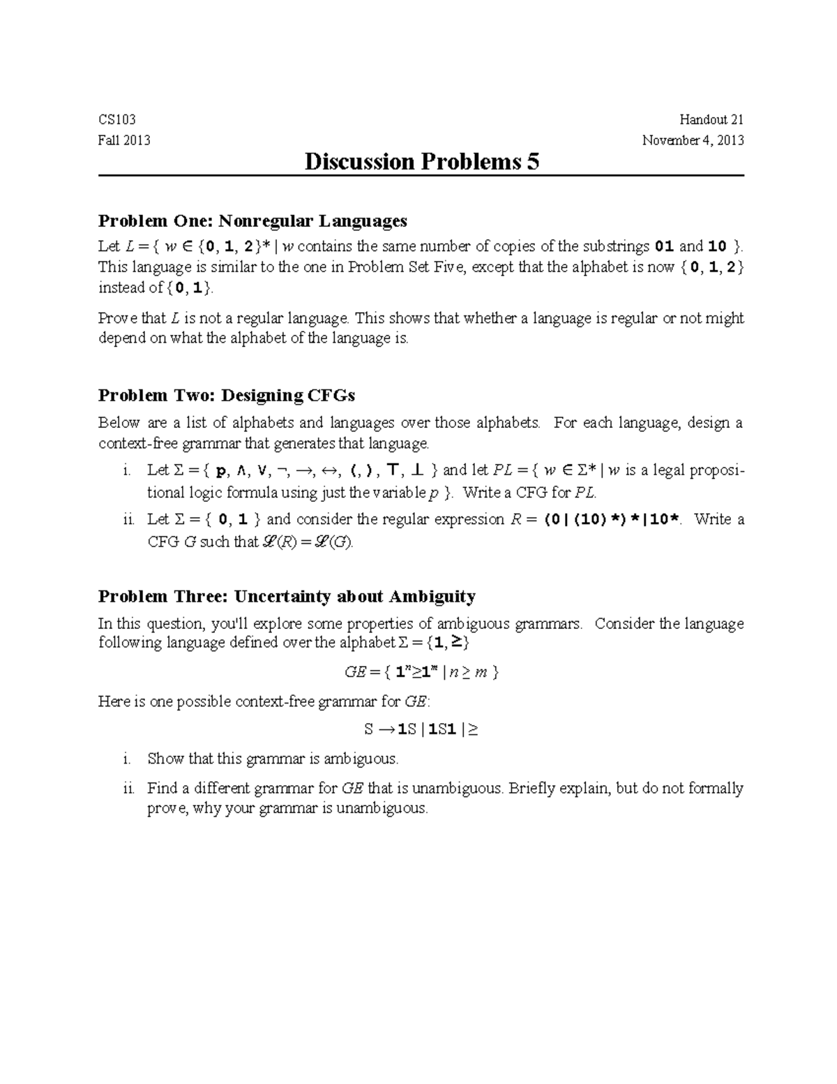 210 Discussion Problems 5 - CS103 Handout 21 Fall 2013 November 4, 2013 ...