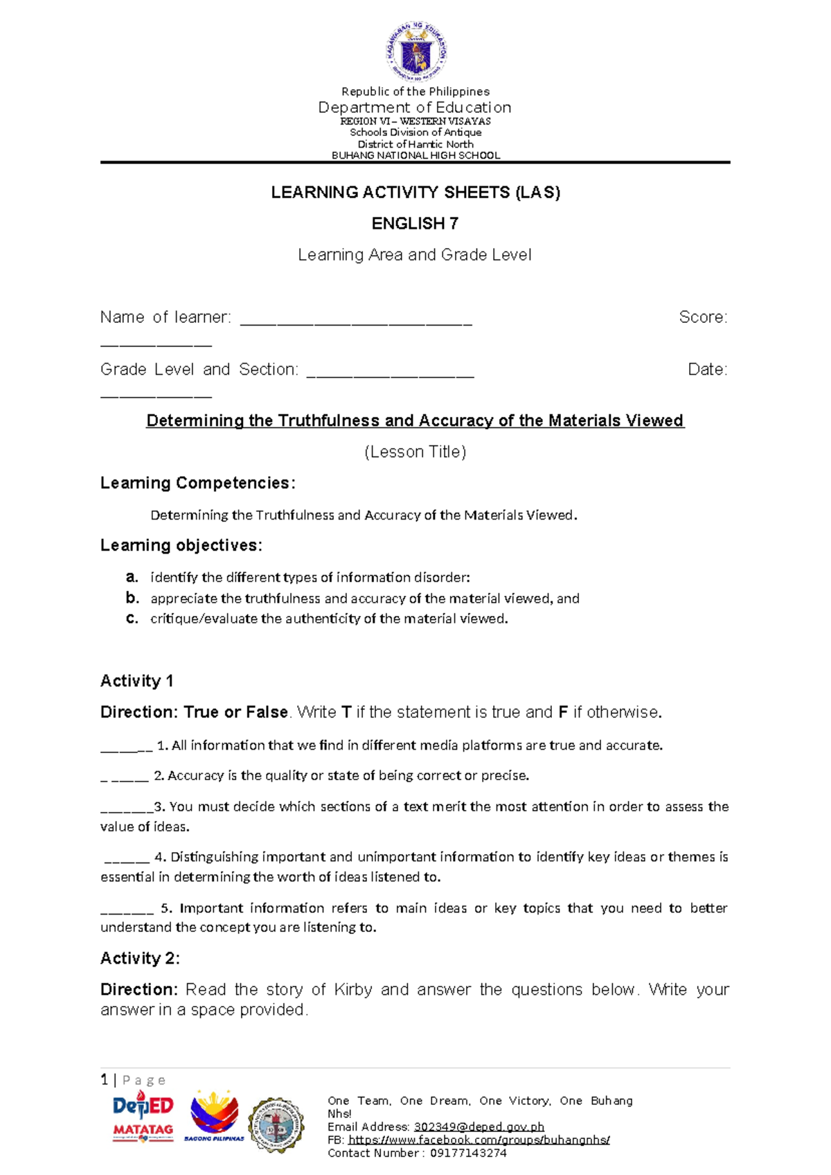 Activity- Sheets-3 - One Team, One Dream, One Victory, One Buhang Nhs ...