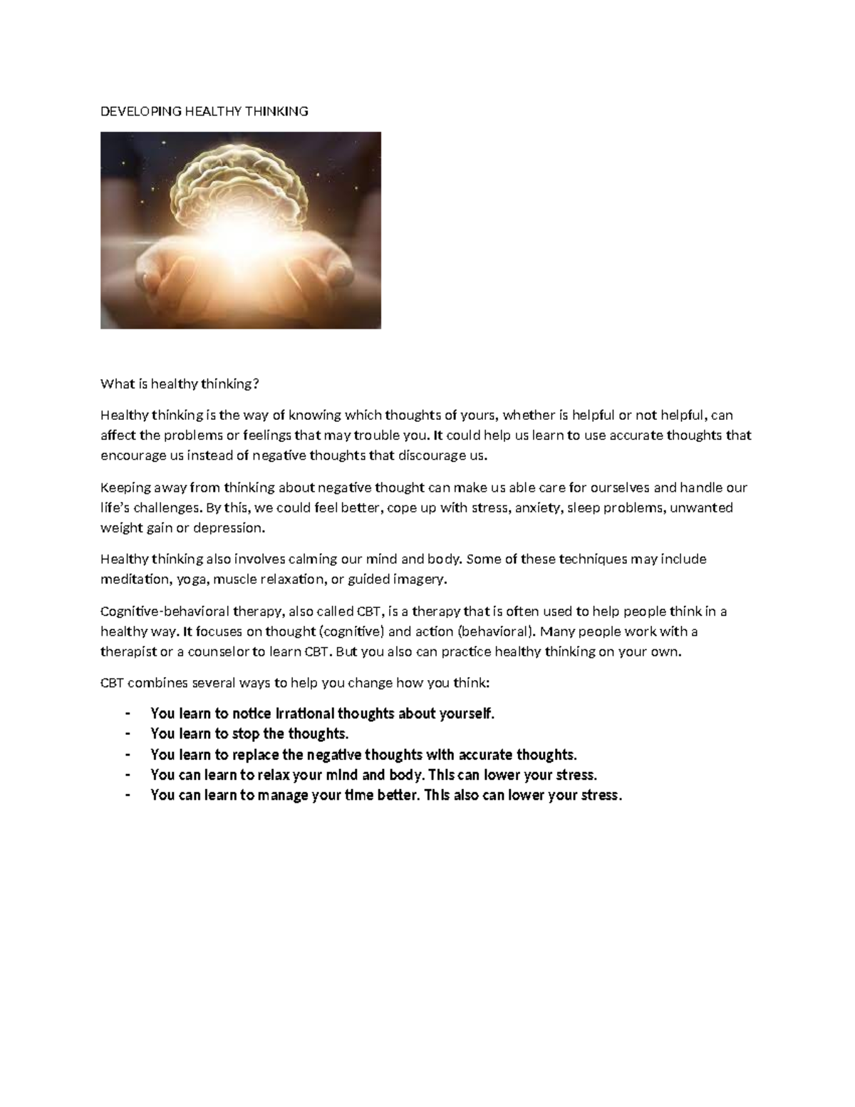 UNDS Healthy Thinking - DEVELOPING HEALTHY THINKING What is healthy ...