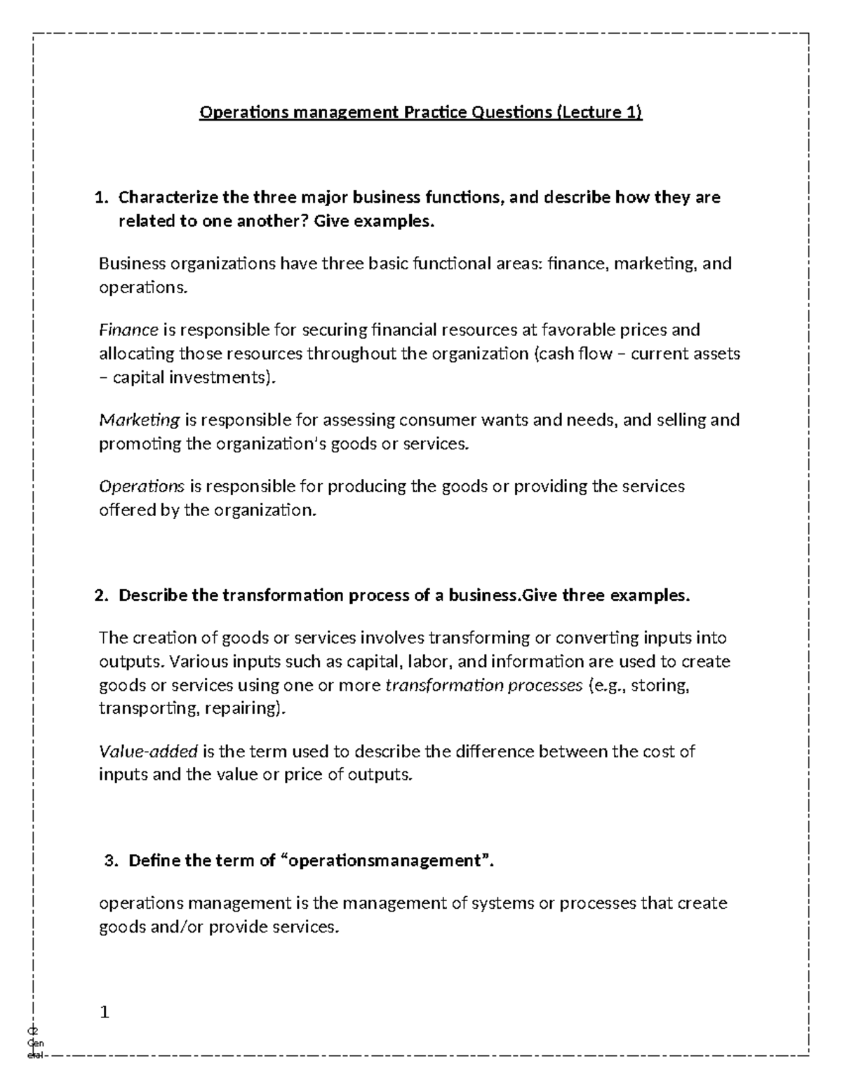 OM Practice Lec1 Q&A - Summary Operations Management - C Gen Operations management Practice ...
