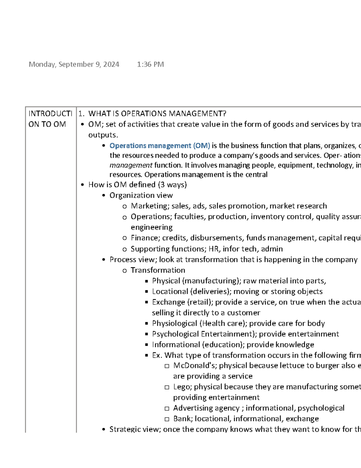 Introduction TO OM - notes - INTRODUCTI ON TO OM 1. WHAT IS OPERATIONS ...