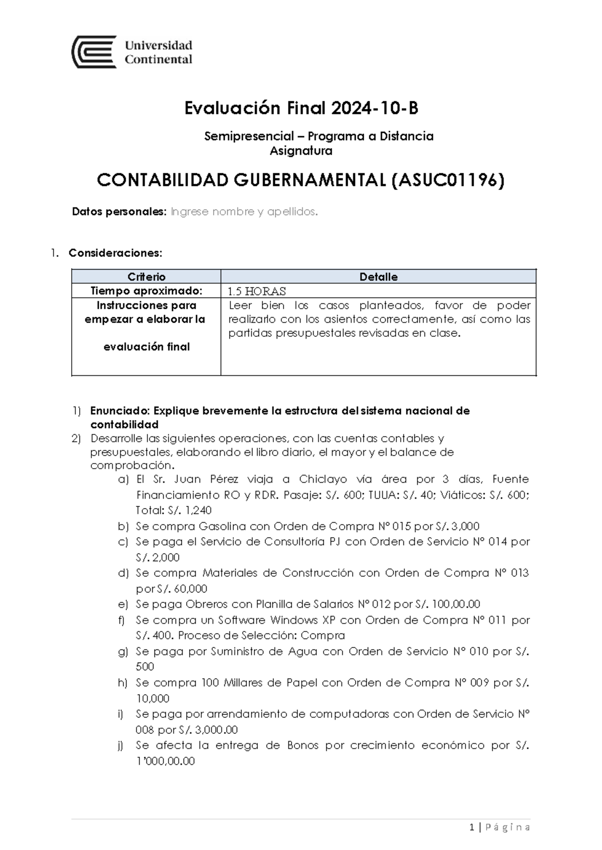 Examen Final Contabilidad Gubernamental - Evaluación Final 2024-10-B Semipresencial – Programa a ...