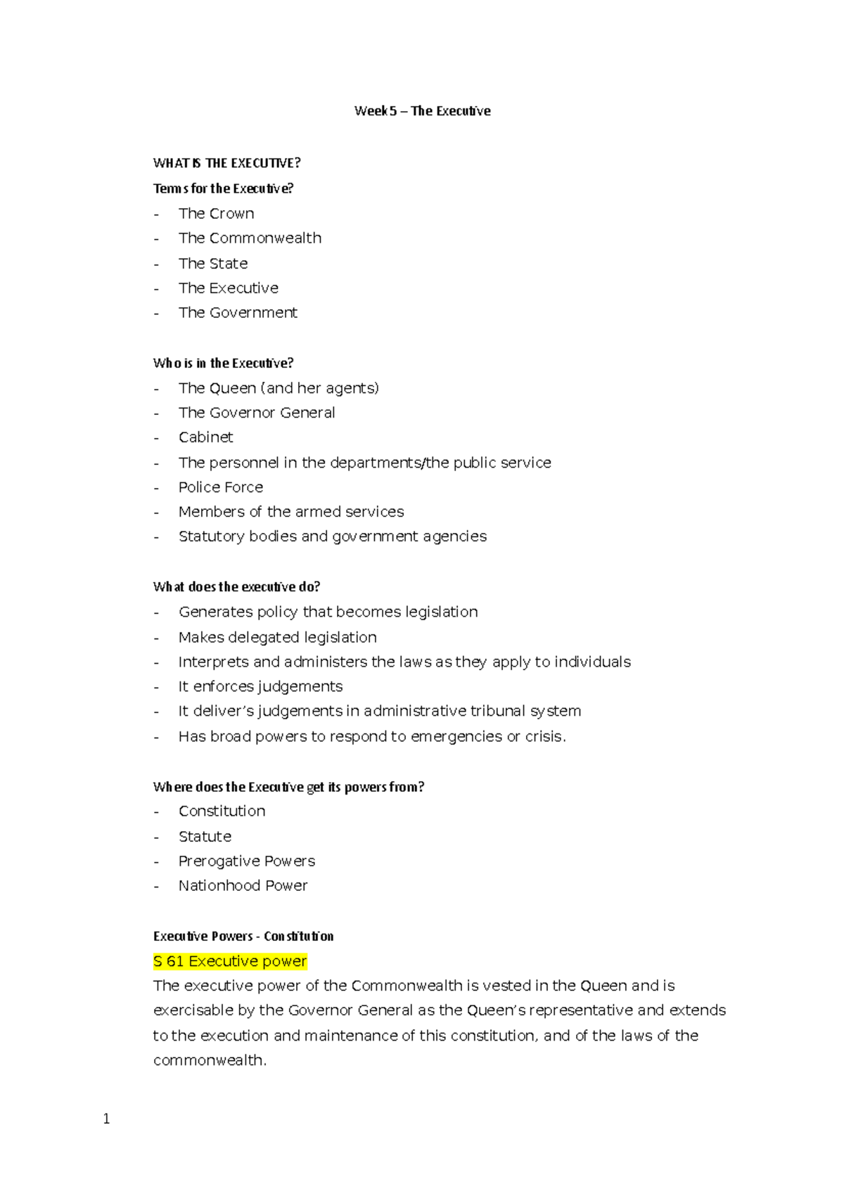 Public Law Exam Lecture Notes - Week 5 – The Executive WHAT IS THE ...