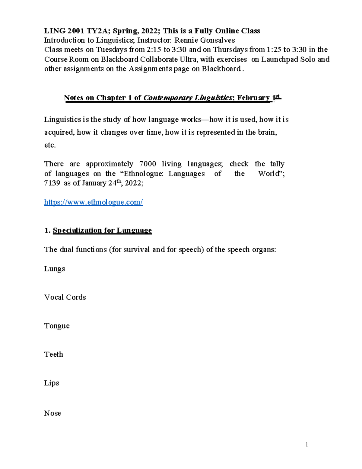 Notes on Chapter 1 of Contemporary Linguistics - LING 2001 TY2A; Spring ...