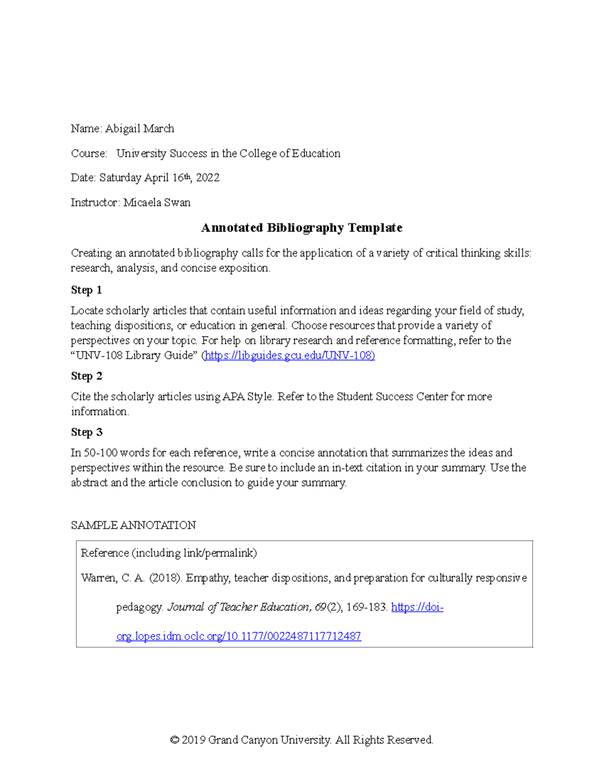 Annotated Bibliography Draft 2 - Name: Abigail March Course: University ...