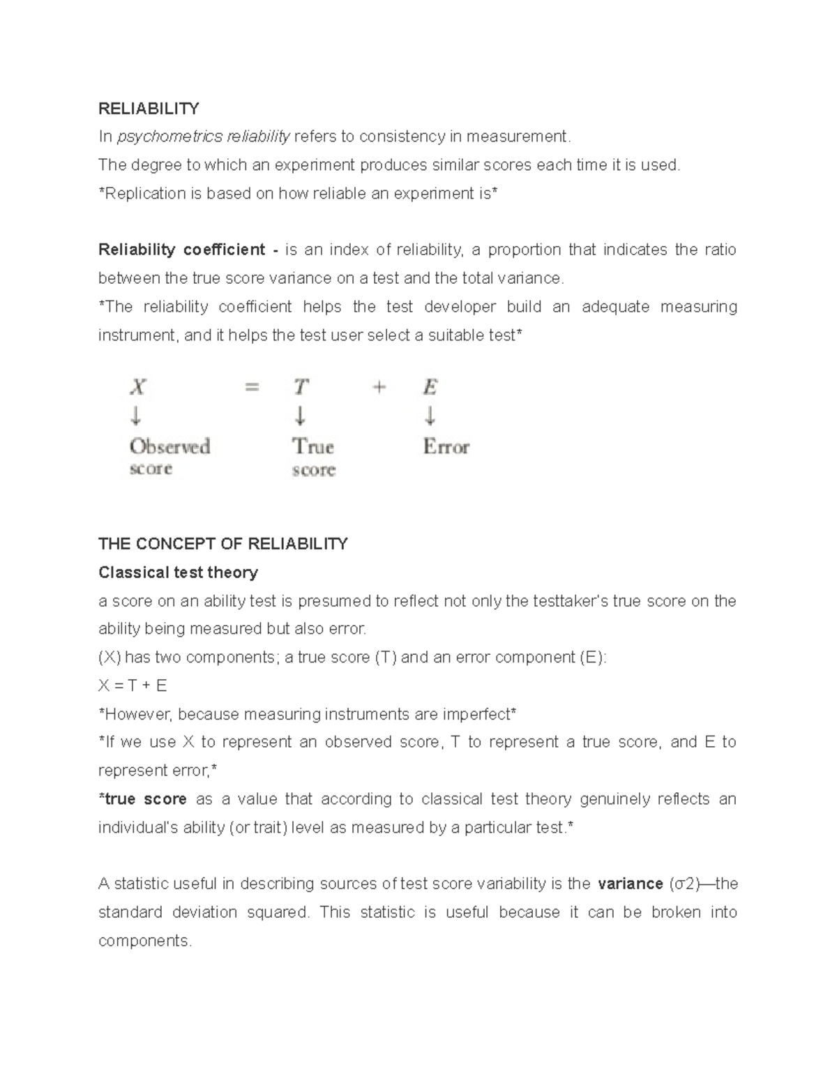 Reliability - Lecture notes 5 - RELIABILITY In psychometrics ...