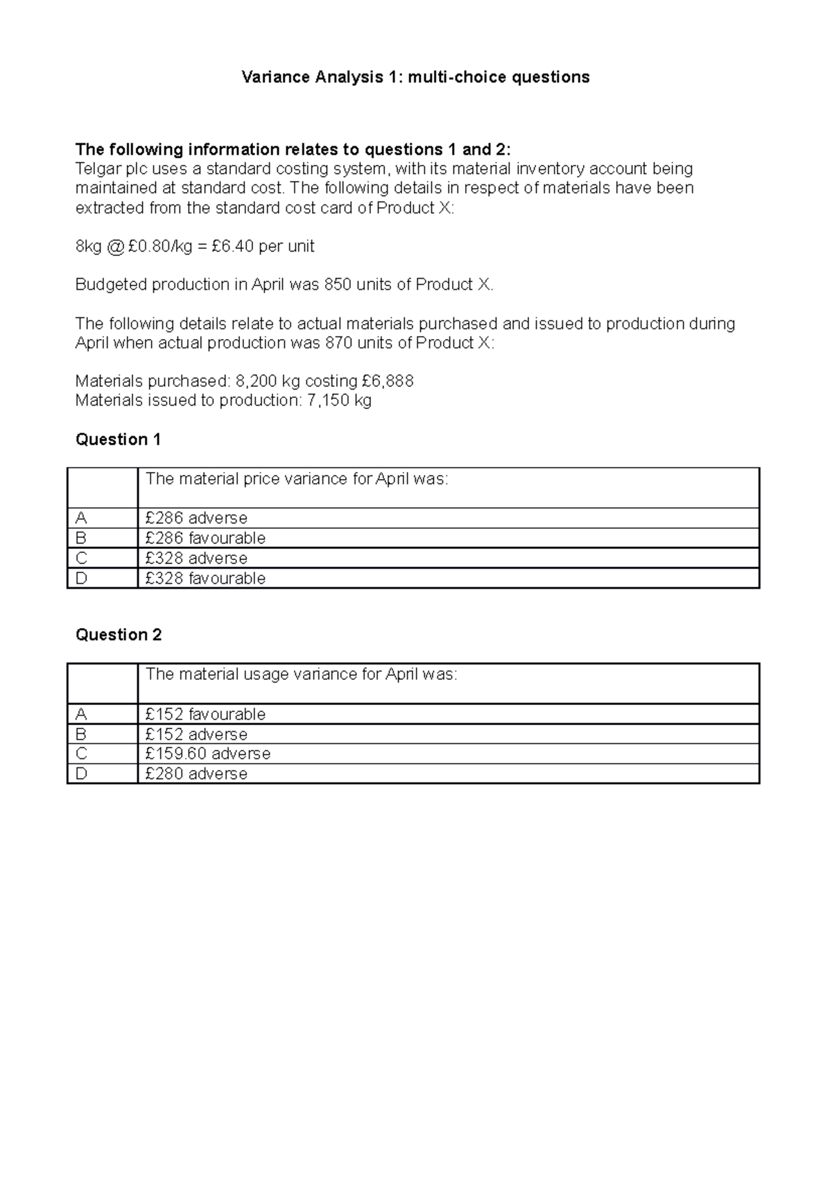 Variance Analysis 1 eighteen MCQs - Variance Analysis 1: multi-choice ...