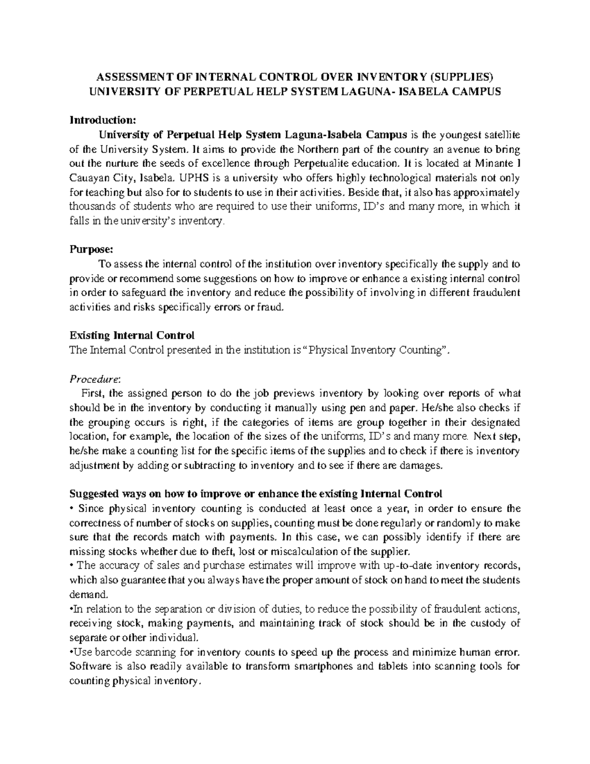 Inventoriessupplies - INVENTORIES - ASSESSMENT OF INTERNAL CONTROL OVER ...