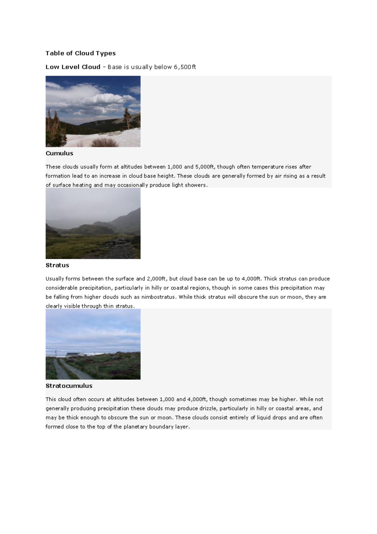 Type of clouds - type of cloud - Table of Cloud Types Low Level Cloud ...