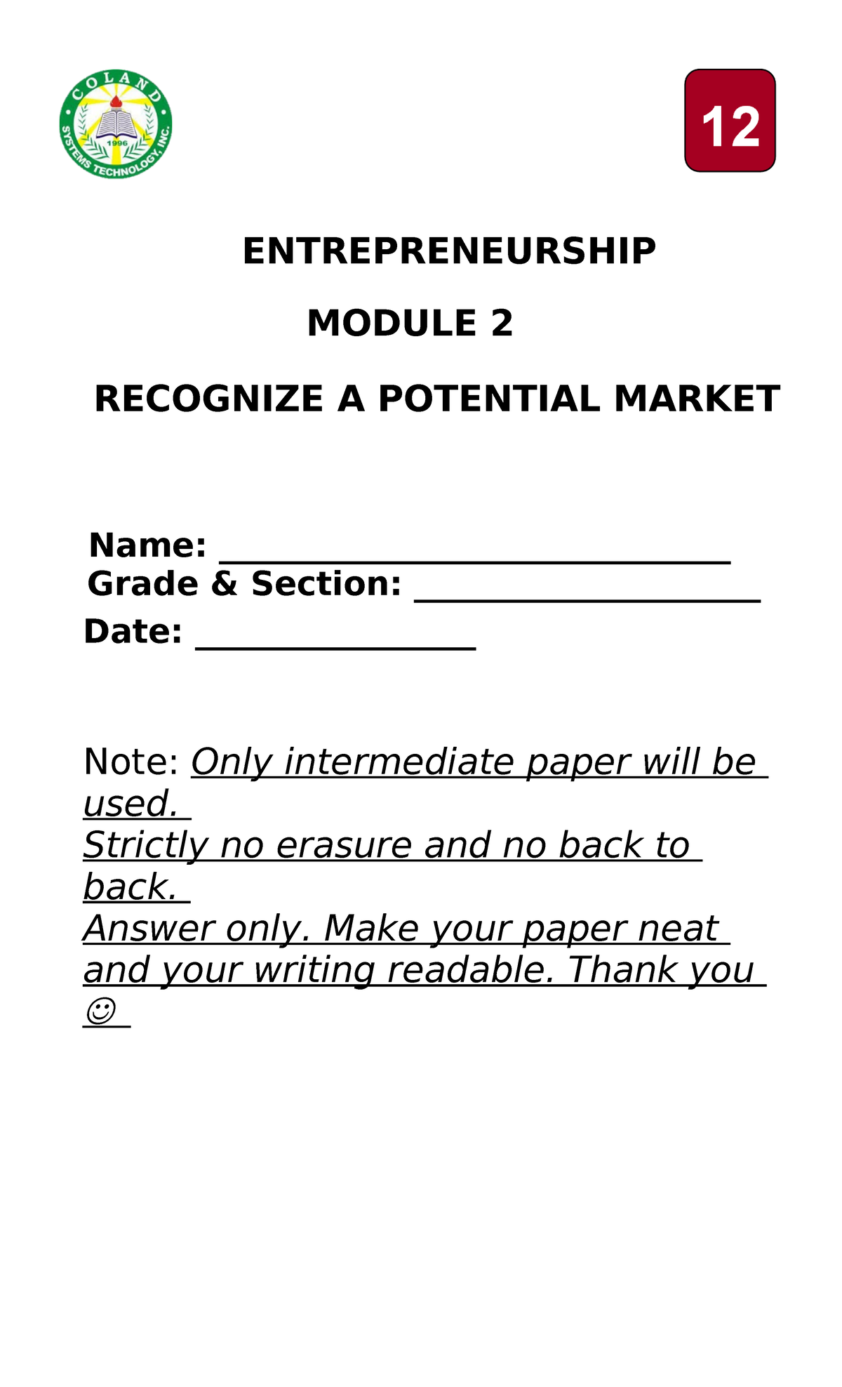 Entrep-Q1-M2 - Eeee - ENTREPRENEURSHIP MODULE 2 RECOGNIZE A POTENTIAL ...