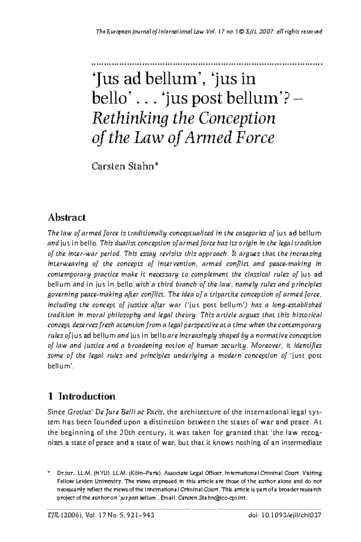 Jus ad bellum, Jus in bello; jus post bellum - The European Journal of ...