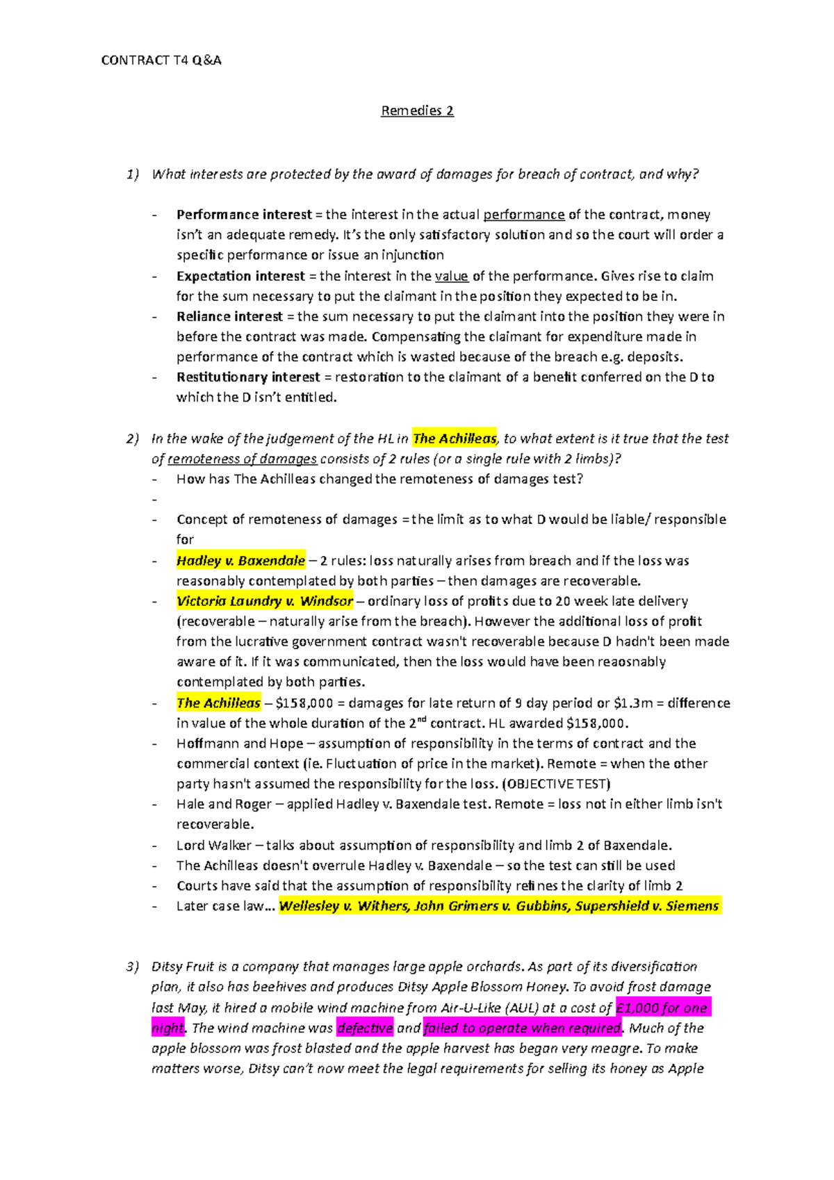 T4 Remedies 2 - Tutorial work on Topic 4 of the Contract Law module ...