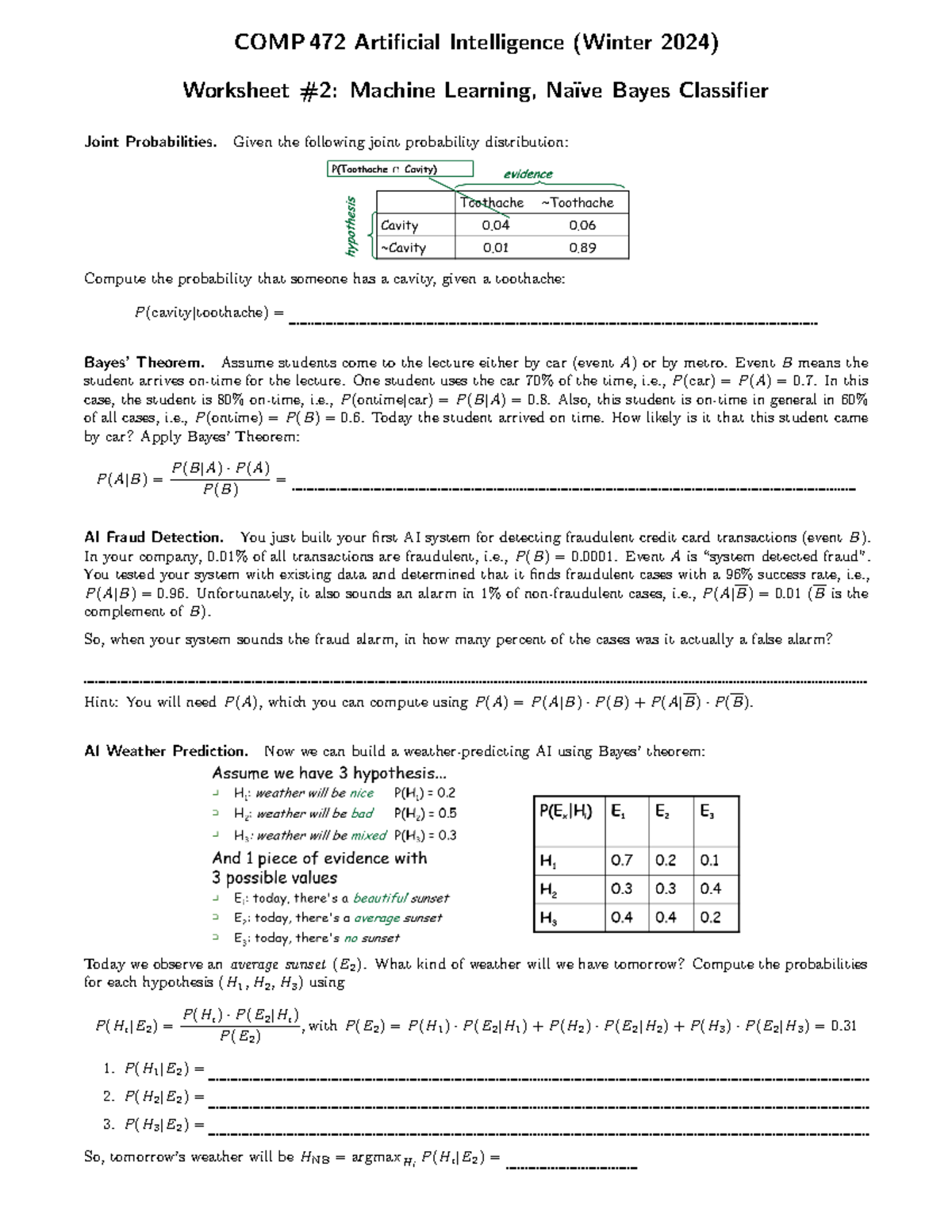 Artificial Intelligence Worksheet 3 - COMP 472 Artificial Intelligence (Winter 2024) Worksheet ...