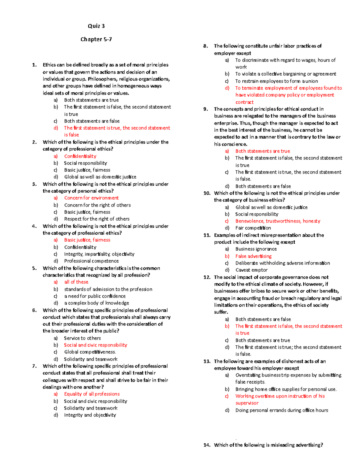 Quiz 3 (Chapter 5-7) Governance - Quiz 3 Chapter 5- Ethics can be ...