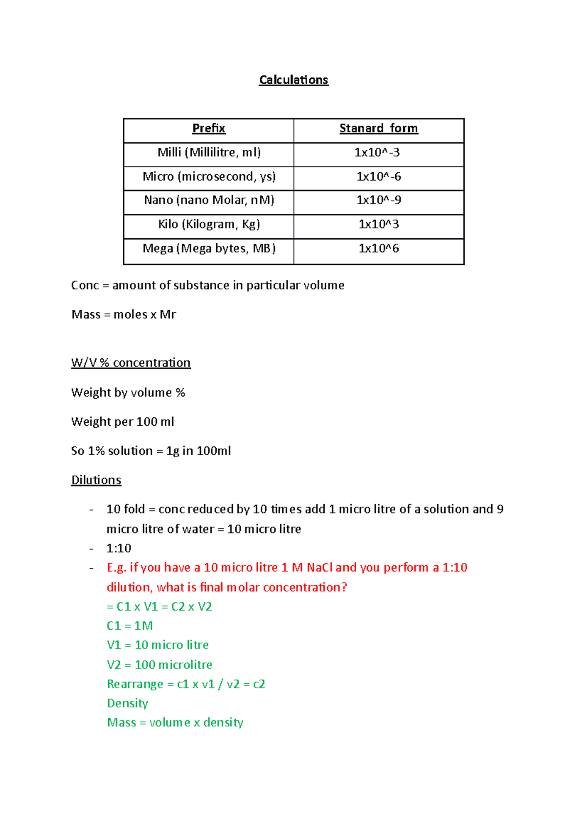 Calculations - notes - Calculations Conc = amount of substance in ...