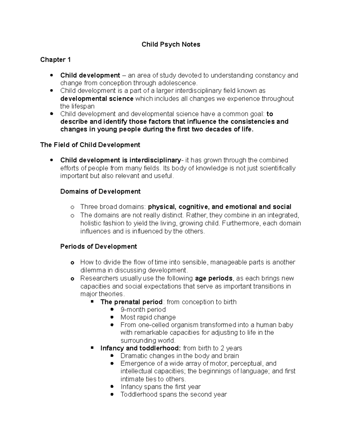 Child Psych Notes - Child Psych Notes Chapter 1 Child development – an ...