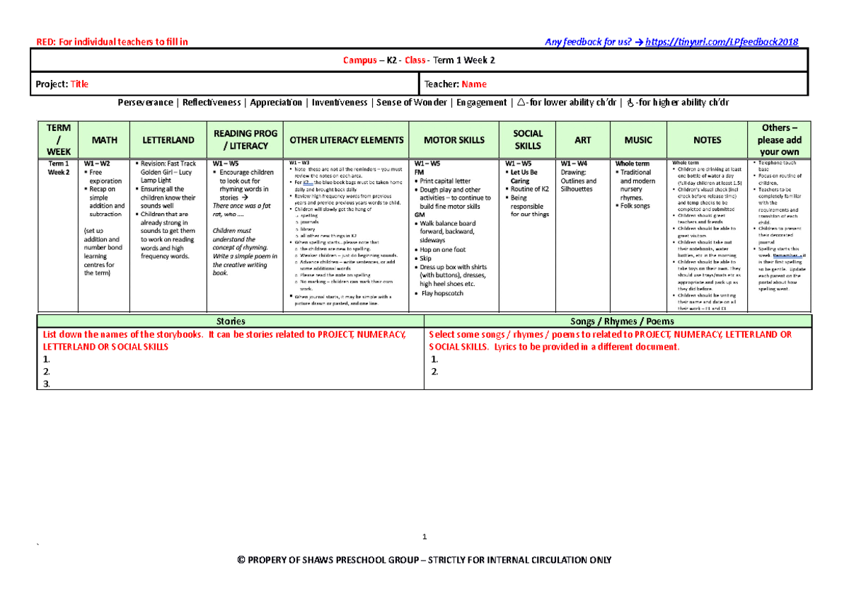 LP(K2) T1W2 TR Weekly PLAN - Campus – K2 - Class - Term 1 Week 2 ...
