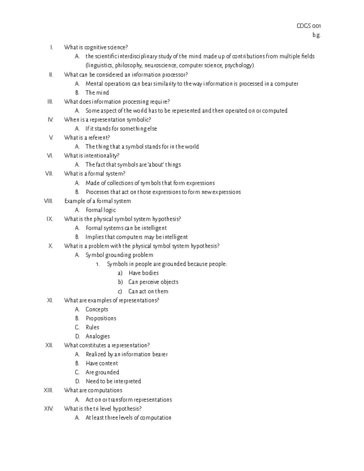 COGS 001 Midterm I Guide - b. I. What is cognitive science? A. the scientific interdisciplinary ...