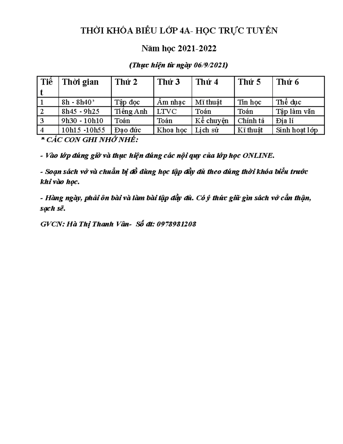 TKB trực tuyến 4A - adadad - THỜI KHÓA BIỂU LỚP 4A- HỌC TRỰC TUYẾN Năm ...
