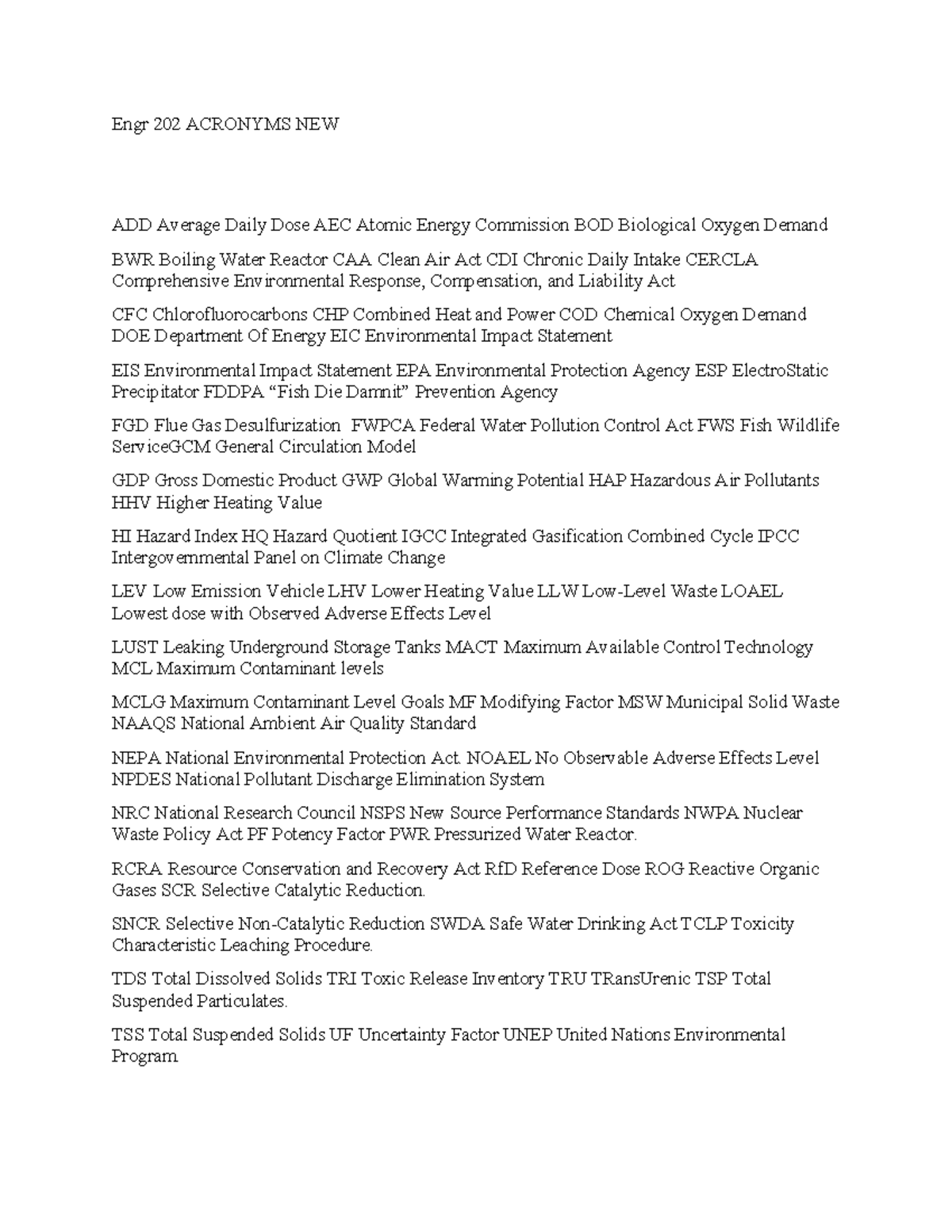 Engr 202 Acronyms Final Review Engr 202 Acronyms New Add Average Daily Dose Aec Atomic Energy