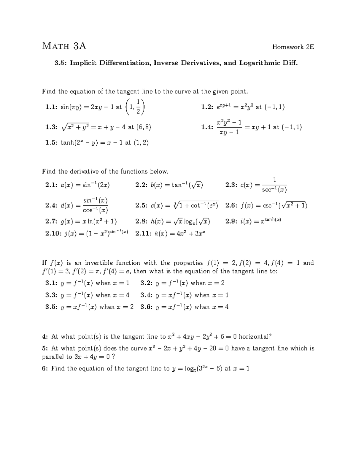 3A HW 2E - math - Math 3A Homework 2E 3: Implicit Differentiation ...