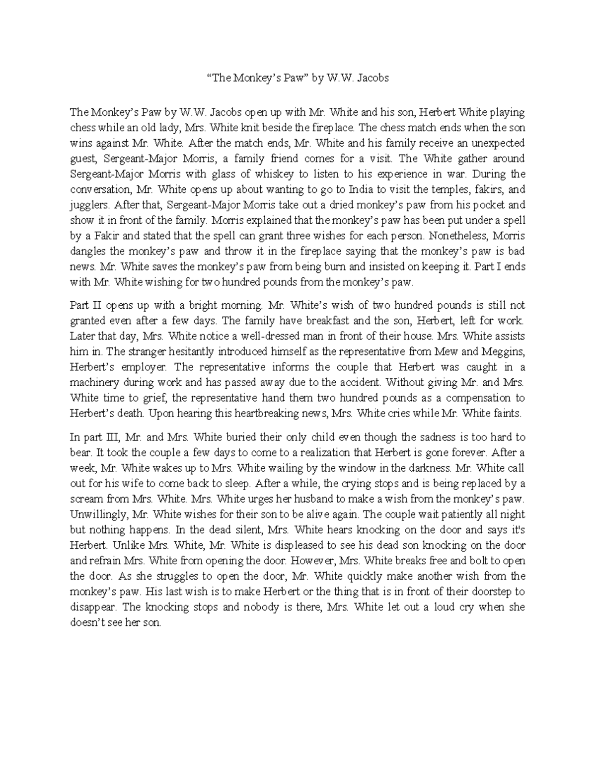 The Monkey - “The Monkey’s Paw” by W. Jacobs The Monkey’s Paw by W ...