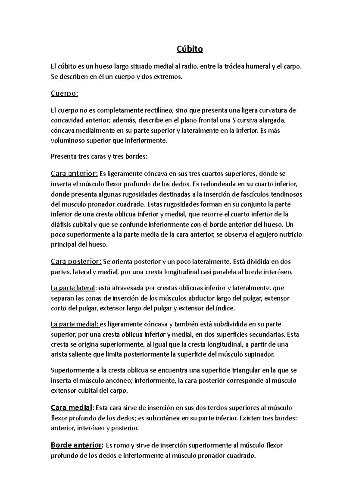 Cúbito.docx anatomia - Cúbito El cúbito es un hueso largo situado ...