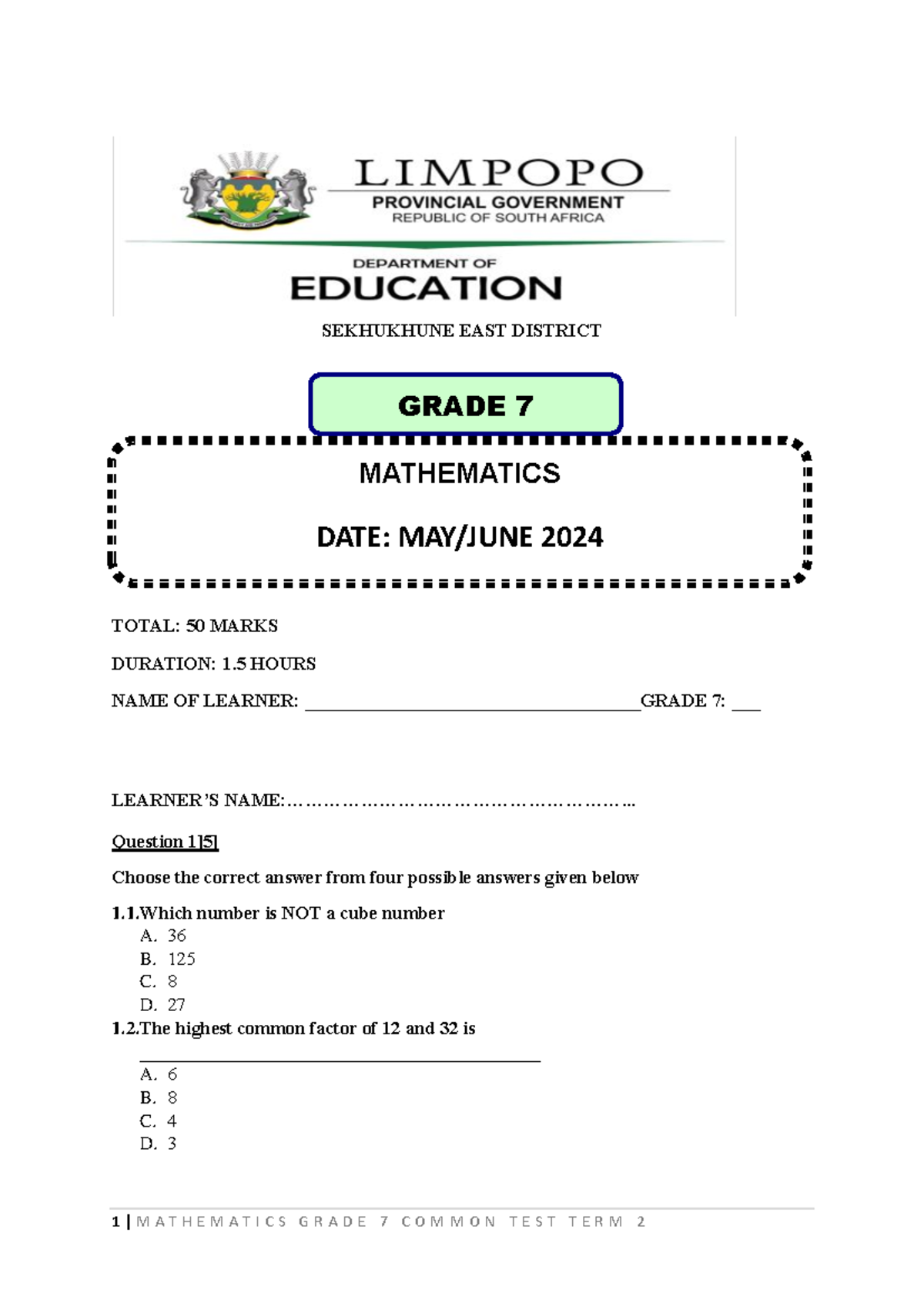 (04 JUNE 2024) Grade 7 Mid Year 2024 Maths - SEKHUKHUNE EAST DISTRICT ...