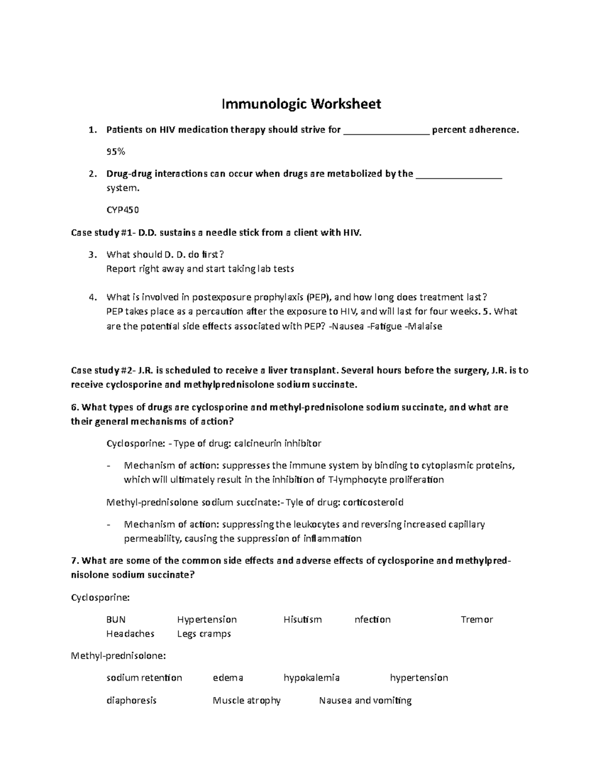 Immunologic Worksheet - Immunologic Worksheet Patients on HIV ...