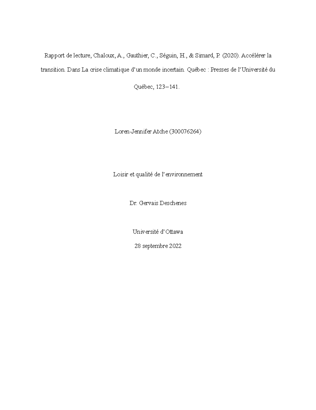 Rapport de lecture LR2521 - Rapport de lecture, Chaloux, A., Gauthier ...