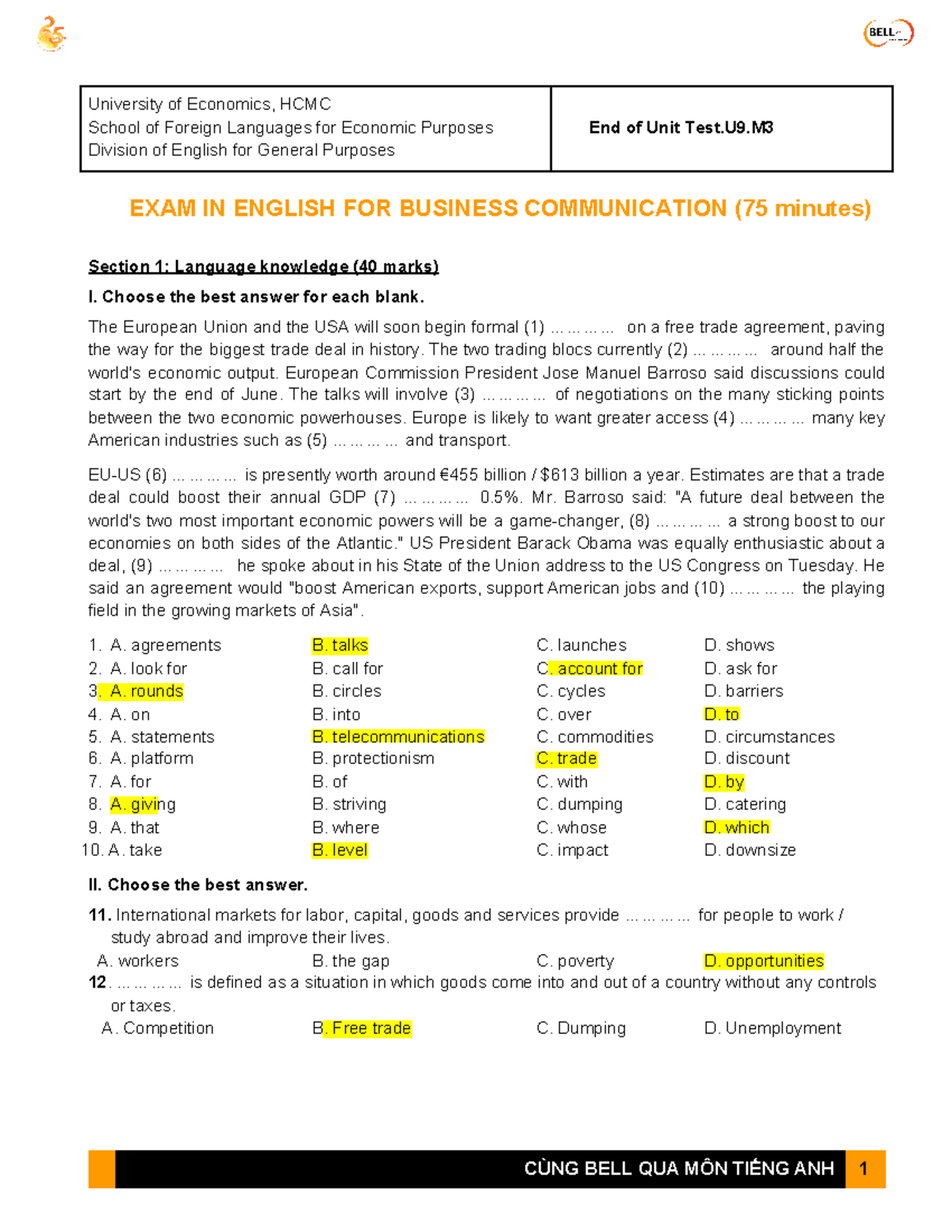 Unit 9 with full key - Unit 9 with full key - EXAM IN ENGLISH FOR ...