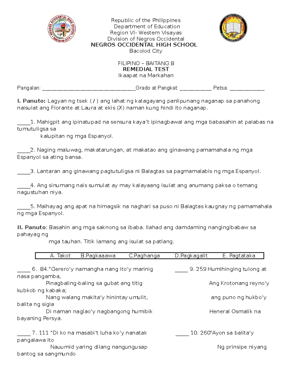 Remedial TEST - FLORANTE AT LAURA - Republic of the Philippines ...