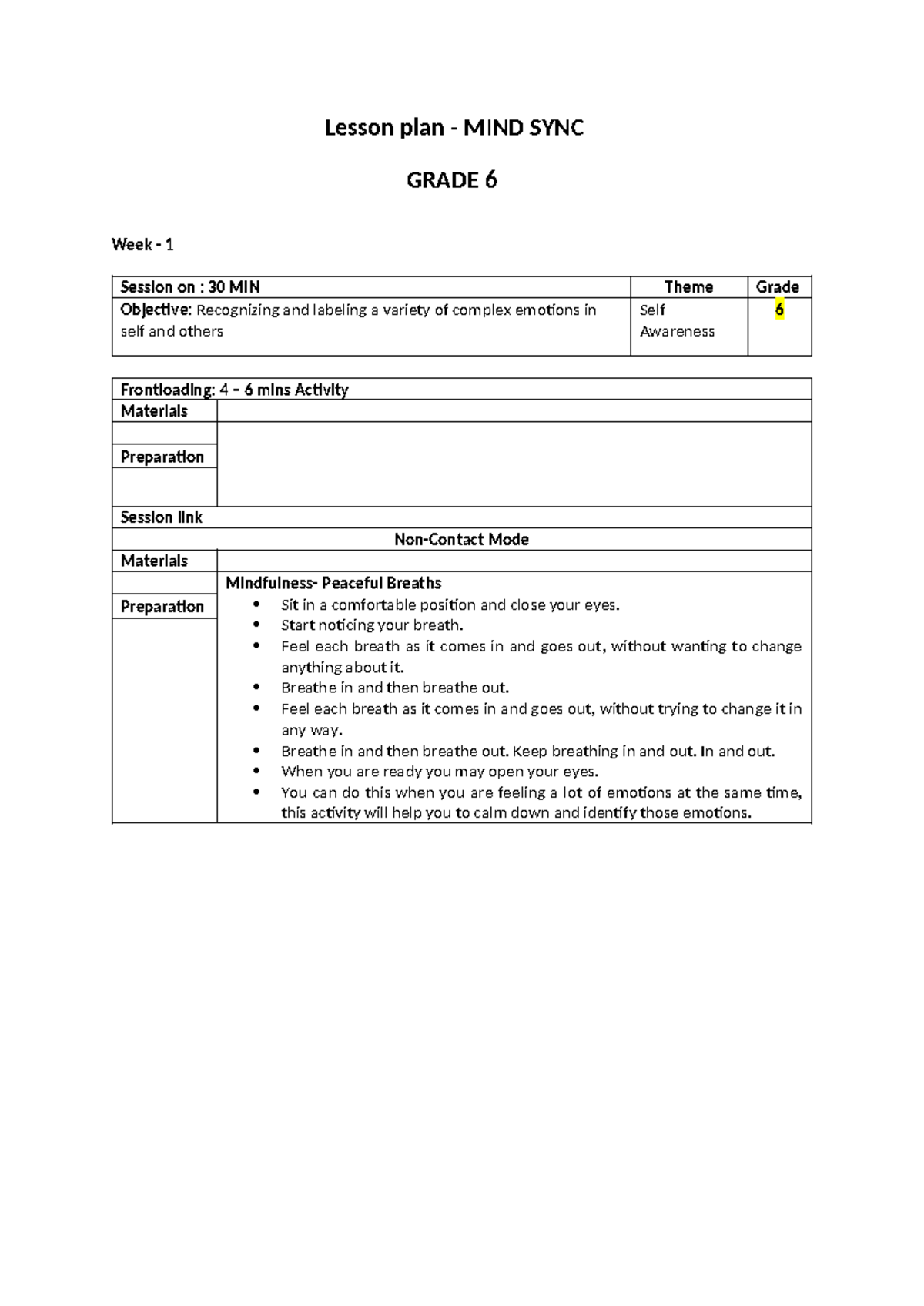 Lesson PLAN - Lesson plan - MIND SYNC GRADE 6 Week - 1 Session on : 30 ...