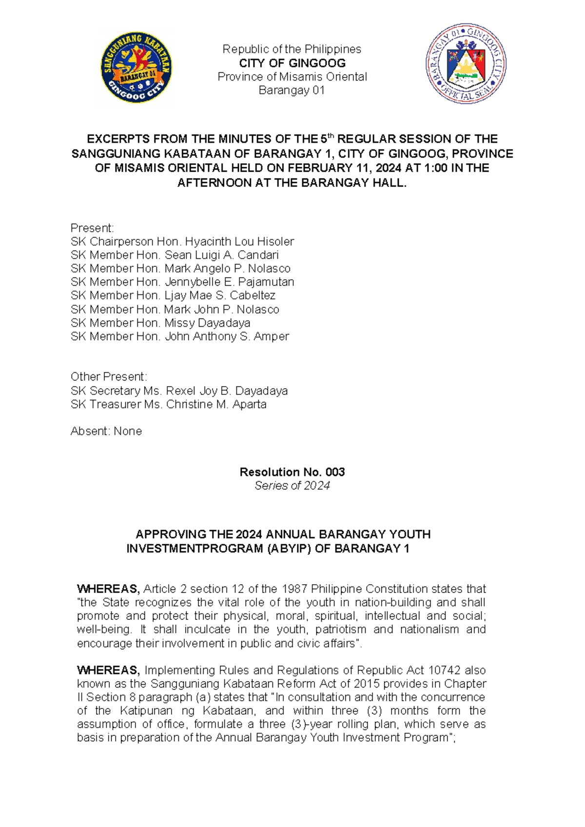 Resolution 3-5 for Abyip, Cbydp & Annual B - CITY OF GINGOOG Province ...
